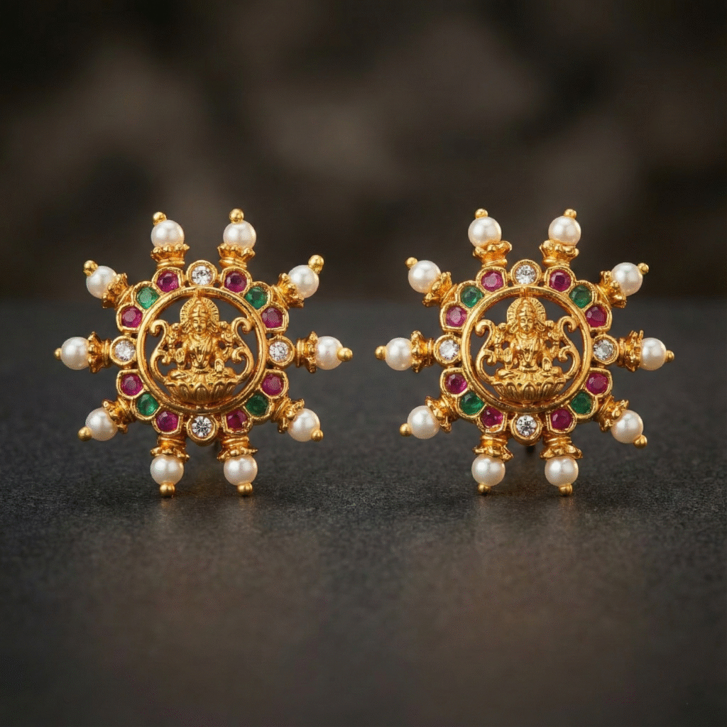Antique Stud Earrings with Lakshmi Motif - Sri Swecha Jewellers